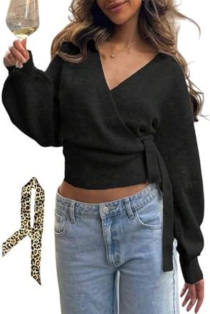 Generic Pull en tricot &agrave; col en V crois&eacute; pour femme avec noeud irr&eacute;gulier, manches longues nou&eacute;es sur le c&ocirc;t&eacute;, haut court tendance en tricot, Noir, XL