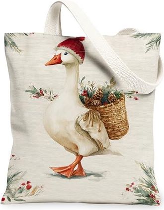 Generic Sacs fourre-tout en toile doie, motif oiseau festif, sacs d&eacute;picerie r&eacute;utilisables, rustiques, l&eacute;gers et lavables avec bandouli&egrave;re, Blanc, 13x15 Inch