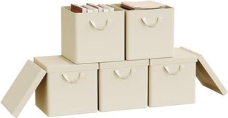 Woltu Cubes de Rangement Pliables Lot de 5, Boîtes en Tissu avec Couvercle, Poignée et Cadre en Métal, Crème, 30x30x29cm