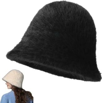 Generic Winter Faux Fur Bucket Hat,Womens Warm Fuzzy Fisherman Cap,Comfort Soft Fluffy Plush Thickened Beanie Cap for Outdoor (Black)