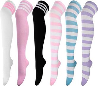 Dreshow 6 Paires Chaussettes Hautes Montantes Chaussettes de Genoux Longues Cuisse Chaussettes Dessus du Genou Haut Bas de Démarrage Jambières pour Filles et 