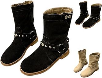 Generic Bottes de cowboy en daim pour femme, bottes occidentales &agrave; bout rond &agrave; talons bas, bottines occidentales avec boucle en m&eacute;tal, bottes de cowgirl mi-mo