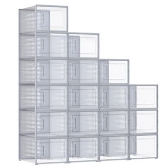 Songmics Schuhboxen, 18er Set, Schuh-Organizer aus Kunststoff, faltbar und stapelbar, für Schuhe bis Größe 46, transparent-grau LSP007G18
