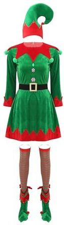 dPois Robe de Noël Femme Mère Noël Santa Déguisement Lutin de Noëls Femme Robe Danse Classique Costume Elfe Noëls Velours Spectacle Halloween Carnaval Masca