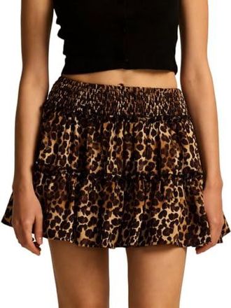 Minetom Mini Jupe Femme Sexy Short Jupes &Agrave; Volants Taille Haute Skirt Pliss&eacute;e Courte avec Doublure De Shorts A L&eacute;opard XS