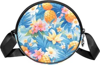 Generic Sac &agrave; bandouli&egrave;re rond pour femme, motif fleurs dananas avec fermeture &eacute;clair, bretelles r&eacute;glables, sac &agrave; main rond d&eacute;contract&eacute; pour femmes et filles