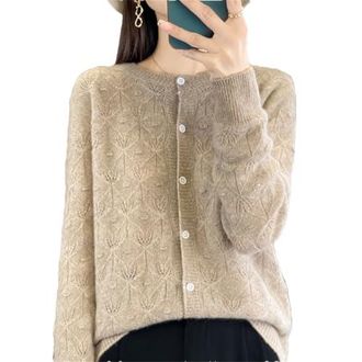 Generic Cardigan à manches longues pour femme 100 % mérinos avec col rond, Marron et gris., XXL
