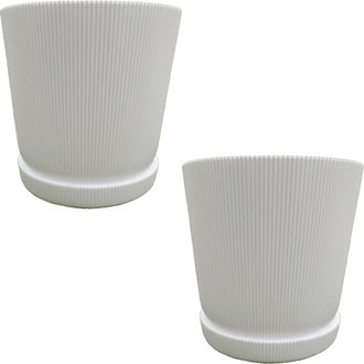 Relaxdays Blumentopf, 2er Set, Pflanztopf mit Untersetzer, Rillen, H x D: 20 x 20 cm, Kr&auml;utertopf, Kunststoff, wei&szlig;