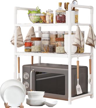 Generic H&ouml;henverstellbarer Mikrowellenst&auml;nder | Mikrowellenhalter Mit Haken | Doppeltes Brotbackmaschinenregal Verbreitertes Gew&uuml;rzgestell F&uuml;r Bad Wohnheim K&uuml;