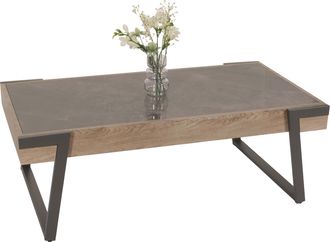 Mendler Couchtisch HWC-L89, Sofatisch Wohnzimmertisch, Eisen 43x120x64cm Sinterstein Marmor-Optik grau Holz grau-braun