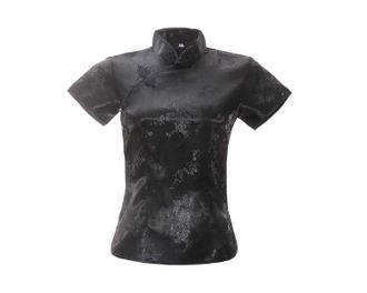 ACVIP Damen Pflaumenblüte Qipao Oberteile Stehkragen Kurzarm Chinesische Bluse Top(China 3XL/EU 44,Schwarz)