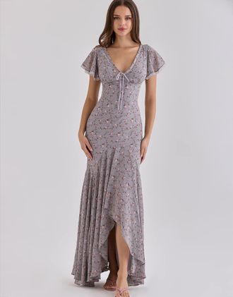 House of CB Amina robe longue en georgette &agrave; imprim&eacute; fleuri vintage lilas-VIOLET