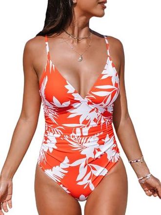 Cupshe Maillot de bain une pièce pour femme avec contrôle du ventre et col en V, Orange/tropical, Taille L