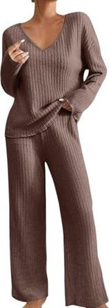 Generic Ensemble 2 pièces en tricot pour femme - Ensemble de maison 2 pièces élégant côtelé - Pyjama ample - Manches longues - Col en V - Haut à jambes larges