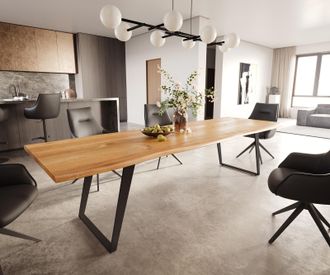 DELIFE Esstisch Edge 300x100x4 Eiche Natur Metall Schr&auml;g Schwarz Live-Edge, Esstische, Baumkantenm&ouml;bel, Massivholzm&ouml;bel, Massivholz