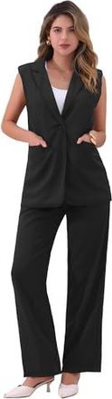 Allegra K Tenues 2 Pièces Femmes Ensemble Costume sans Manches et Pantalon Large Blazer daffaires Tailleurs-Pantalons Noir L
