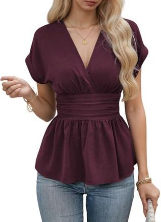 Generic Haut p&eacute;plum crois&eacute; &agrave; col en V profond pour femme, taille cintr&eacute;e, ourlet &agrave; volants, bordeaux, XXL