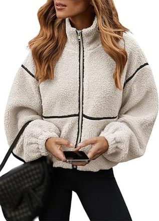 Generic Veste polaire sherpa surdimensionnée avec fermeture éclair pour femme, col montant, vêtement dextérieur pelucheux à revers décontracté en fausse peau 