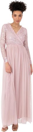 Maya Damen Womens Maxi Dress Ladies Embellished Wrap Tulle Frilly V-neck Long Sleeve For Wedding Guest Bridesmaid Prom Ball Gown Kleid, Frosted Pink, 42 EU
