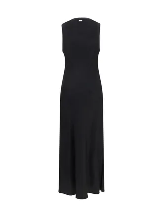 Ami Womens Sleeveless Long Fluid Satin Dress Noir Viscose