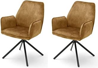 Robas Lund Esszimmerstühle 2er Set, 180°drehbar mit Nivellierung Curry, Belastbar bis 120 kg, Stuhl mit Stoffbezug Vintage veloursoptik