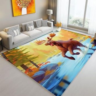 Generic Multicolore Lavable en Machine Tapis Salon Dessin anim&eacute; cerf for&ecirc;t, 140 x 200 cm Doux Tapis de Sol Pelucheux Dessous Antid&eacute;rapant, Entree Interieur Ch