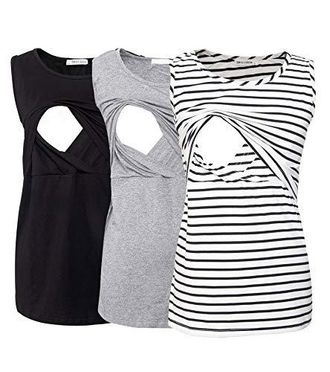 Smallshow Lot de 3 Maillots dallaitement de Maternit&eacute; sans Manches pour Femmes Hauts dAllaitement Maternel Black-Light Grey-White Stripe XL