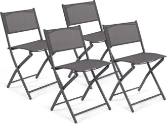 IDMarket Lot de 4 chaises de jardin pliantes BASTIA m&eacute;tal et textil&egrave;ne gris anthracite