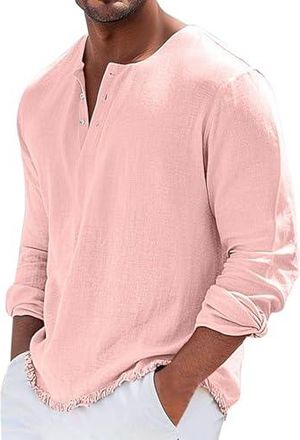 Generic Chemise boutonn&eacute;e en coton et lin pour homme, col rond, chemises de plage minimalistes de couleurs unies, chemise l&eacute;g&egrave;re et respirante, hauts doux et 