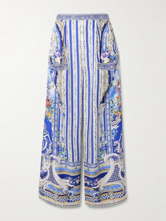 Camilla Pantalon Large En Satin De Soie Imprim&eacute; &Agrave; Cristaux - Bleu