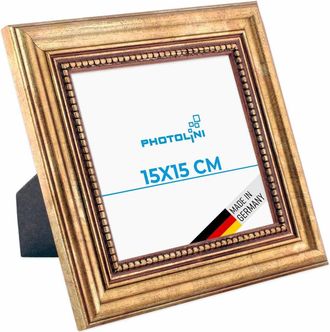 Photolini Barock-Bilderrahmen 15x15 cm in Gold antik, Holz-Rahmen Vintage, Made in Germany, Echtglas, zum Aufhängen & Aufstellen, mit Zubehör - verleiht Deinen 