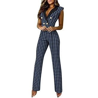 FNKDOR Combinaison Femmes Boutons Col V Jumpsuit &Eacute;l&eacute;gant Playsuit Couleur Unie Long Pantalon Cocktail Soir&eacute;e C&eacute;r&eacute;monie Romper Combinaison de Couleur Unie Ten