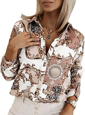 Minetom Chemisier Femme Elégant Col en V Manches Longues Imprimé Blouse avec Boutons Chemise Travail Bureau Tunique Shirt Haut Top A Blanc XXL