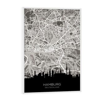 artboxONE Poster mit weißem Rahmen 18x13 cm Städte Hamburg Skyline Karte BW - Bild Hamburg Deutschland Hamburg