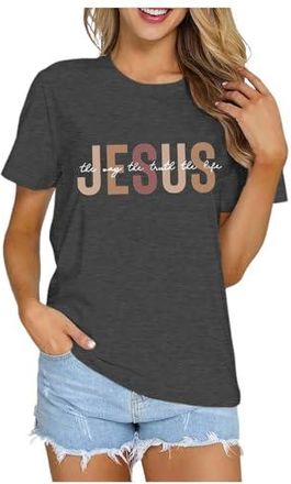 Generic T-shirt d&eacute;contract&eacute; &agrave; col rond et imprim&eacute; lettres pour femme, haut &eacute;l&eacute;gant pour tout le monde pour la mode estivale, gris fonc&eacute;, 3XL