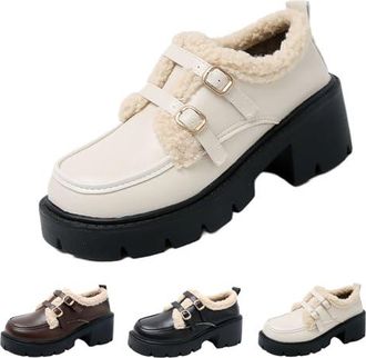 Generic Mocassins antidérapants à semelle épaisse pour femme, doublure en peluche douce et chaude, chaussures habillées avec double boucle réglable, beige, 35