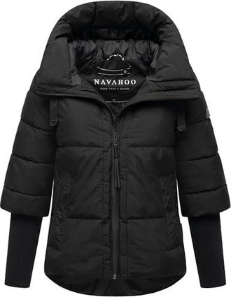 Navahoo Veste dhiver moderne pour femme - Veste matelassée chaude avec capuche et manches en maille côtelée - Coeur lotus XIV XS-3XL, Noir, S