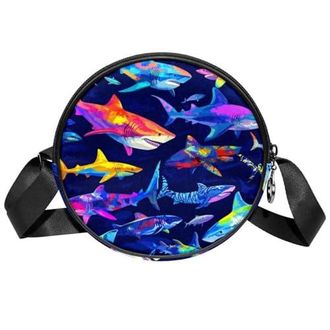 Generic Sac &agrave; bandouli&egrave;re rond rond pour femme, motif requin color&eacute;, avec fermeture &eacute;clair, bretelles r&eacute;glables, style d&eacute;contract&eacute;