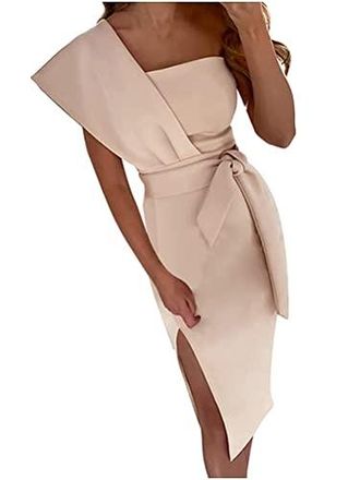Minetom Femme &Eacute;l&eacute;gante Col en V Robe sans Manche Unie Moulante Affaires Crayon Midi Robe de Soir&eacute;e Mariage Cocktail C Beige XL