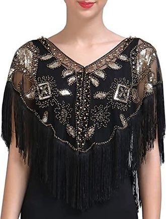 Feoya Châle des Années 1920 Cape de Soirée Charlestone à Franges Boléro Couverture Ponchos Déco Vintage Gatsby Fête A3