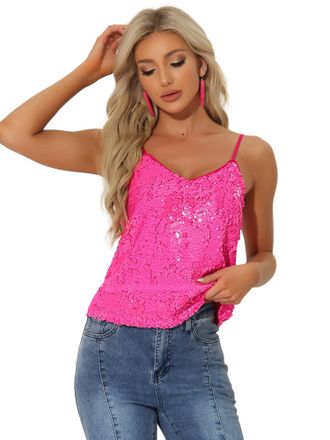 Allegra K Damen Festliches Oberteil Glitzer Top Spaghetti Party Club Camisole Pailletten Shirt Rosa Rosa XS