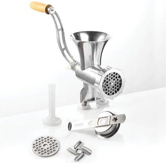 GSW Hachoir &agrave; viande taille n&deg; 8 - hachoir avec couteau, id&eacute;al pour la viande et les l&eacute;gumes, incl. embout pour p&acirc;tisserie et poussoir - Aluminium