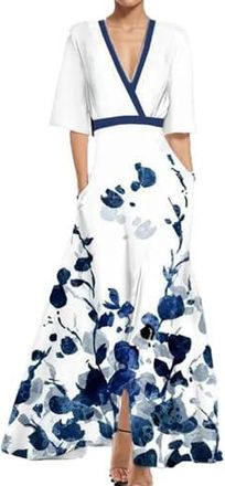 Generic Robe longue d&eacute;t&eacute; &agrave; imprim&eacute; floral pour femme avec ceinture et col en V &eacute;l&eacute;gante avec ceinture pour mariage, bal, cocktail, plage, Blanc 01, M