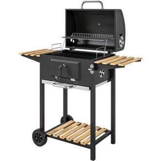 OUTSUNNY Barbecue charbon de bois avec couvercle 2 roues - hauteur grille r&eacute;glable, thermom&egrave;tre, 3 &eacute;tag&egrave;res - acier noir bois