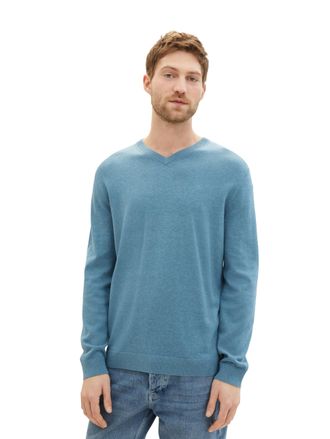 Tom Tailor Herren Basic Pullover mit V-Ausschnitt aus Baumwolle,34138 - Blue Water Melange, XXXL