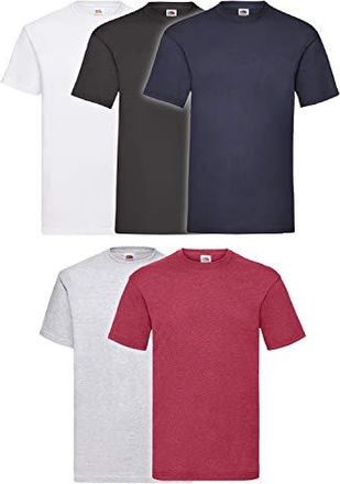 Fruit Of The Loom Valueweight Lot de 5 t-shirts Valueweight S, M, L, XL, XXL, XXXL, 3XL, diff&eacute;rents ensembles de couleurs au choix, 1blanc/noir/1bleu marine/1 gris/1 ro