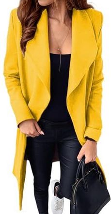Generic Manteau dhiver &eacute;pais pour femme, mi-long, style cache-coeur, ceintur&eacute;, jaune taille M, v&ecirc;tement dext&eacute;rieur chaud et d&eacute;contract&eacute;
