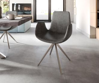 DELIFE Esszimmerstuhl Ilia-Flex mit Armlehnen Mikrofaser Anthrazit Vintage Kreuzgestell kantig Edelstahl, Esszimmerstühle