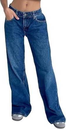Generic Jean &agrave; jambes larges pour femmes UK Y2k, taille basse, style baggy, coupe droite, stretch, long, en denim, pantalons d&eacute;contract&eacute;s amples, Bleu C., S