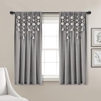Lush D&eacute;cor Boho Pom Pom Quaste Leinen Fenstervorhang (Einzelteil), 160 cm L x 132 cm B, Dunkelgrau